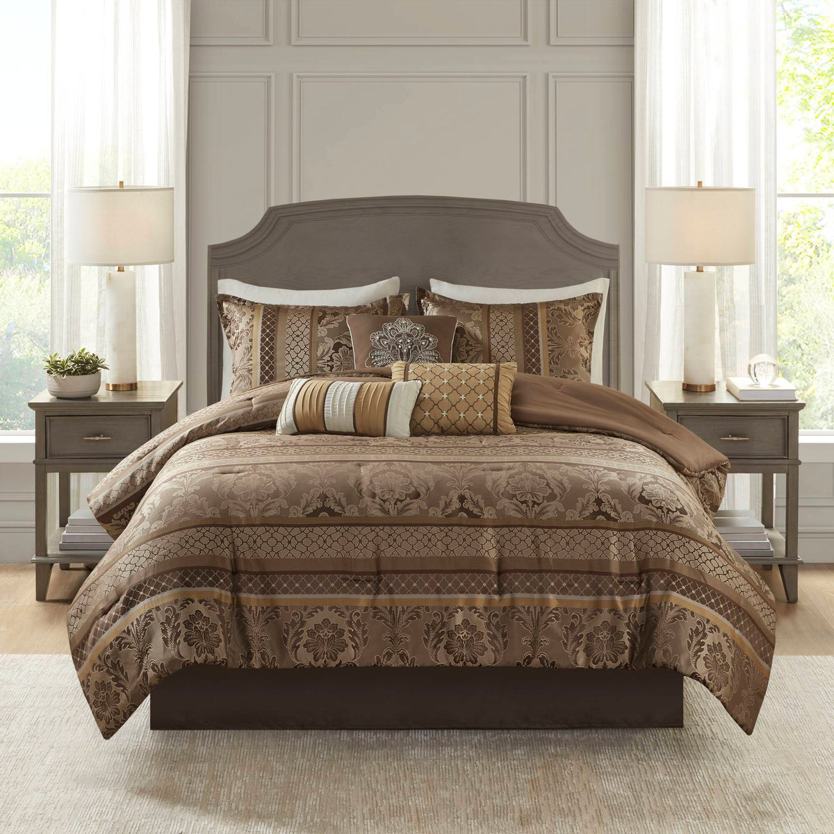 Bellagio - Queen 7 Piece Comforter Set - Brown / Gold | Simple Home Plus